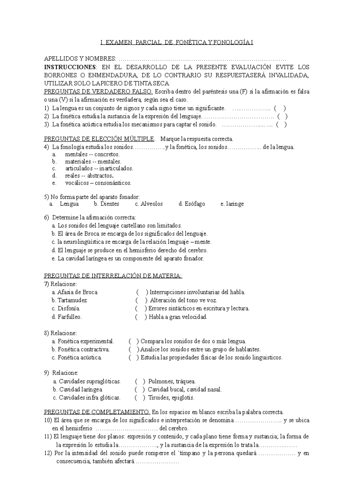 411702125 i Examen Parcial de Fonetica y Fonologia - I EXAMEN PARCIAL ...
