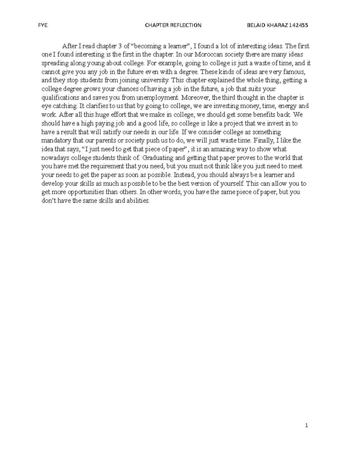 Belaid Kharaz Reflection - Copy - FYE CHAPTER REFLECTION BELAID KHARAZ ...