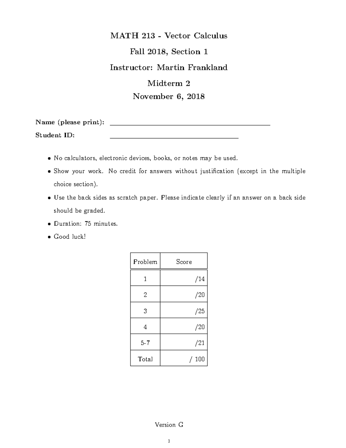 Math213 F2018 Midterm 2 - MATH 213 - Vector Calculus Fall 2018, Section 1 Instructor: Martin ...