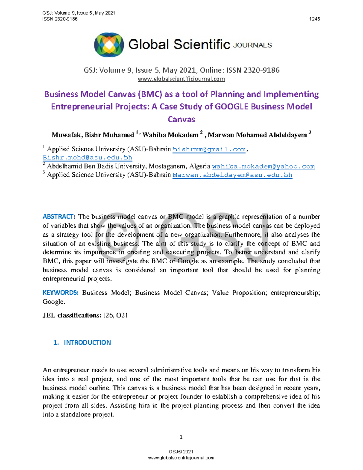 Business Model Canvas BMC as a tool of Planning and Implementing ...