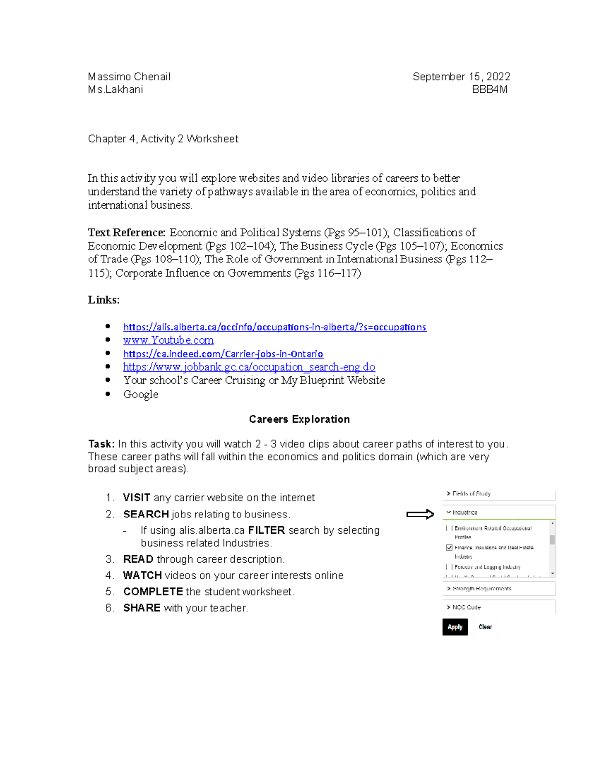 Ch4 Activity 2 Worksheet ovs - Massimo Chenail September 15, 2022 Ms BBB4M Chapter 4, Activity 2 ...