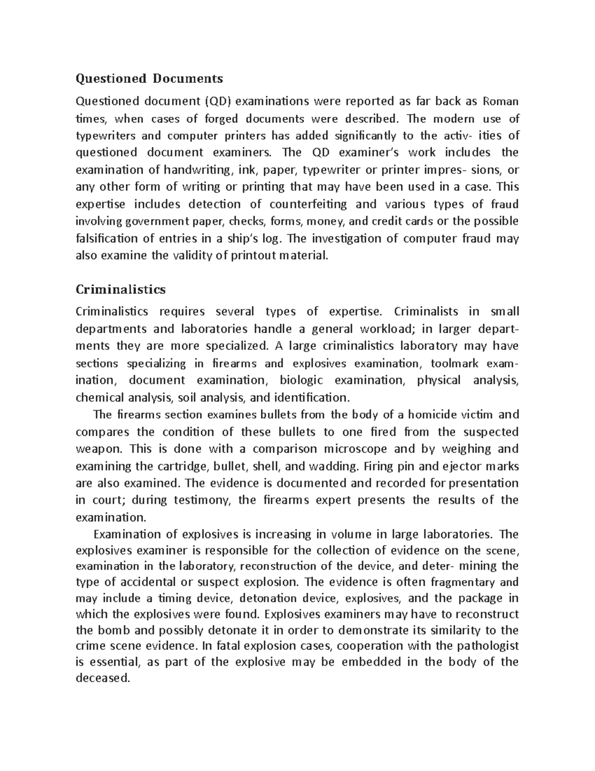 Criminalistics - Questioned Documents Questioned document (QD ...