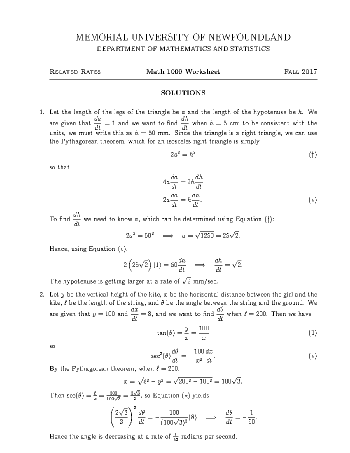 Solutions - Worksheet on Related Rates Problems - MEMORIAL UNIVERSITY ...