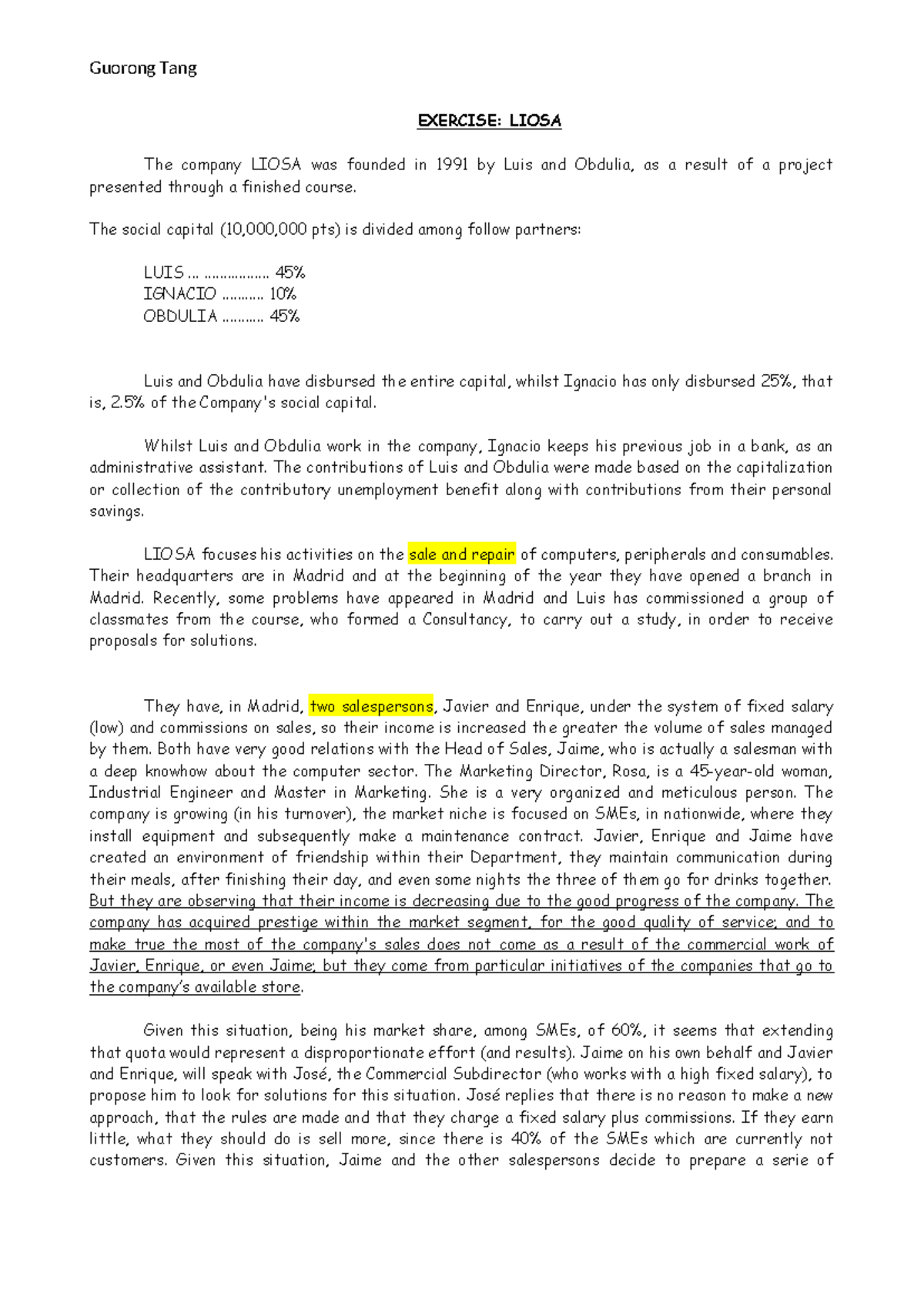Surprise exercise 1 - Liosa (Chapter 3) - EXERCISE: LIOSA The company ...