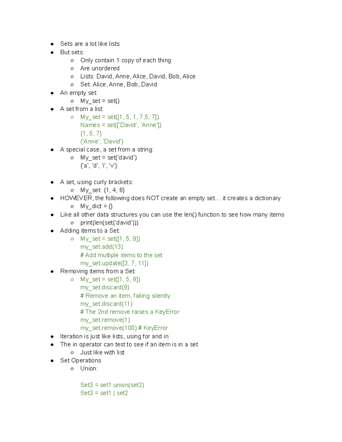 Info 3020 Sets - Goes over sets and how to use them. Describes what ...