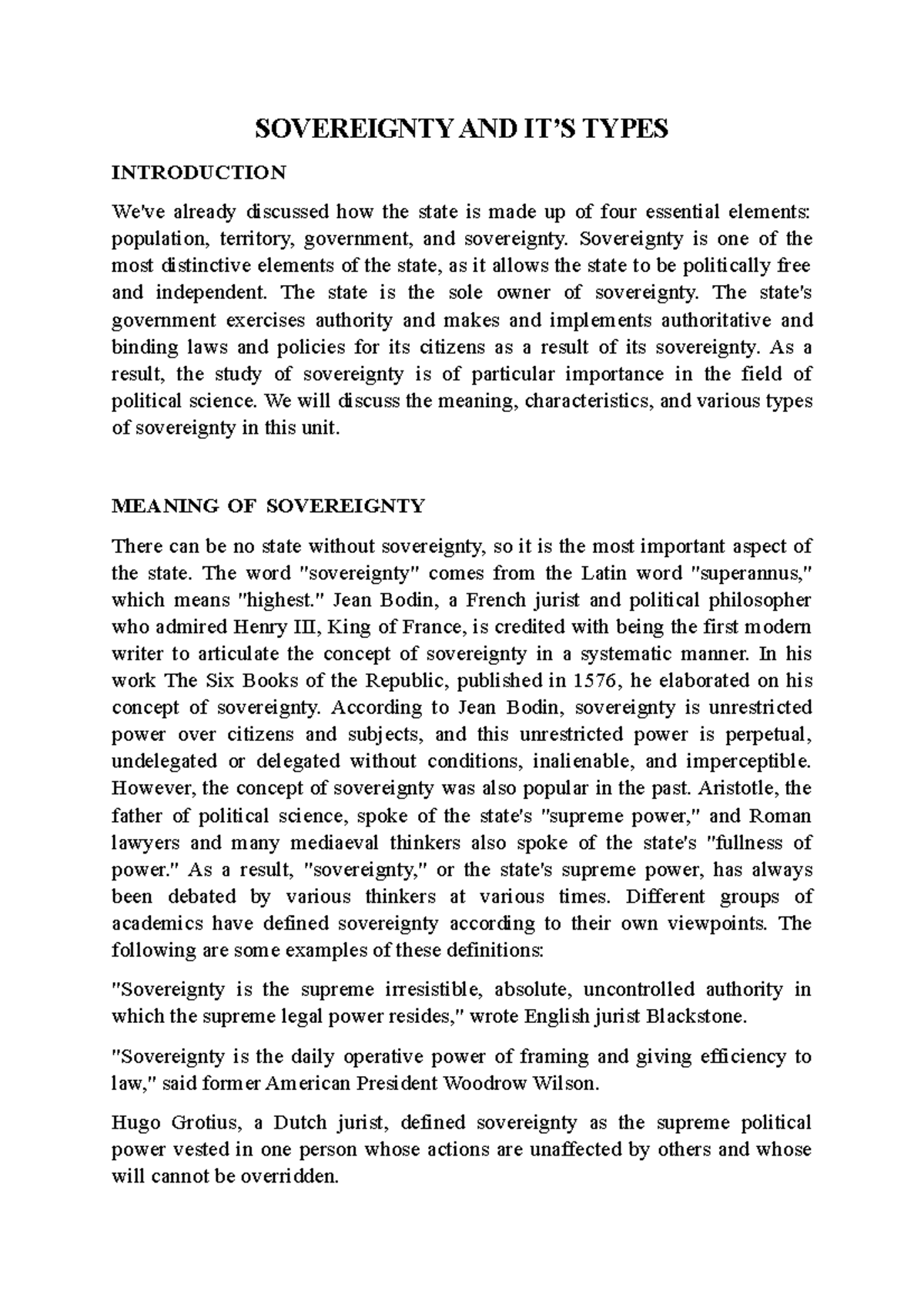 Sovereignty AND IT’S Types - SOVEREIGNTY AND IT’S TYPES INTRODUCTION We ...