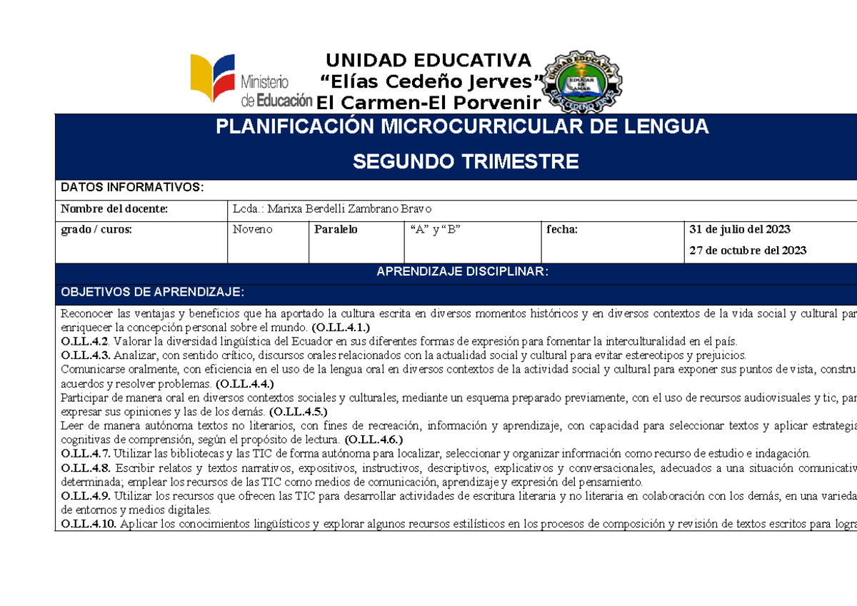 LL 9NO 2DO Trime (1) - Panificaciones curriculares - UNIDAD EDUCATIVA ...