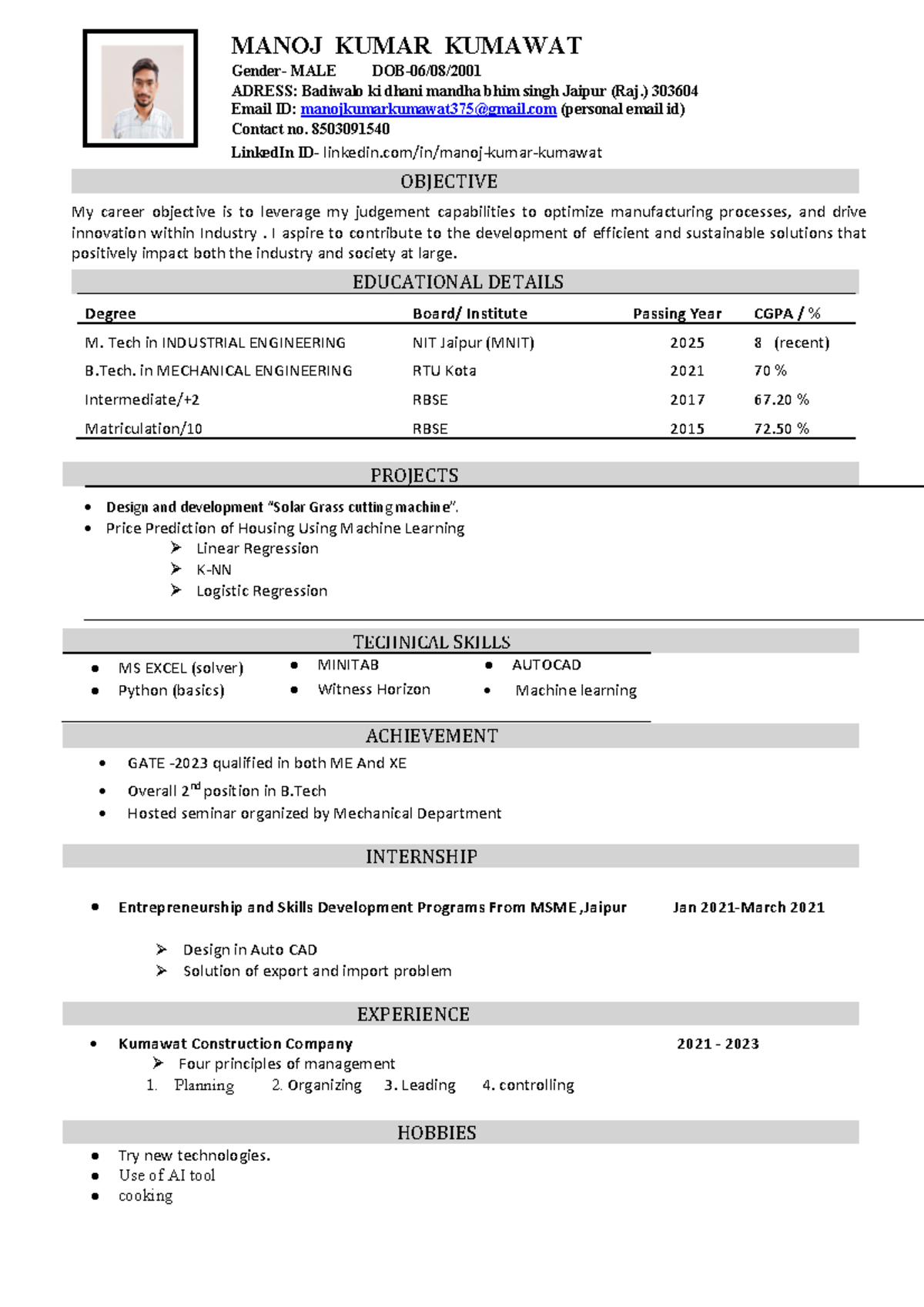 2023PIE5367 - I want this pdf - MANOJ KUMAR KUMAWAT Gender- MALE DOB- 06 / 08 / 2001 ADRESS ...