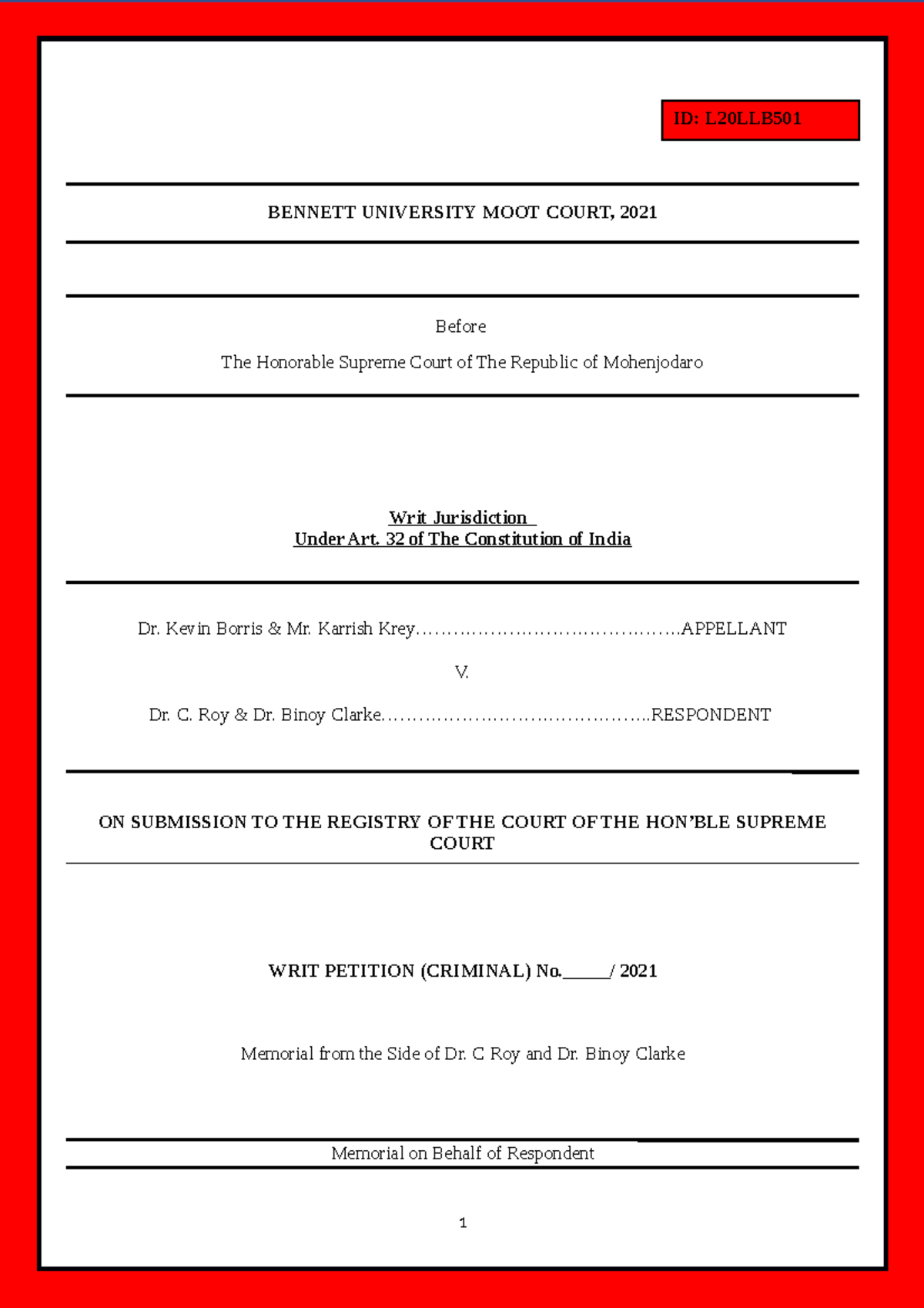 Moot Memorial Respondent - BENNETT UNIVERSITY MOOT COURT, 2021 Before ...