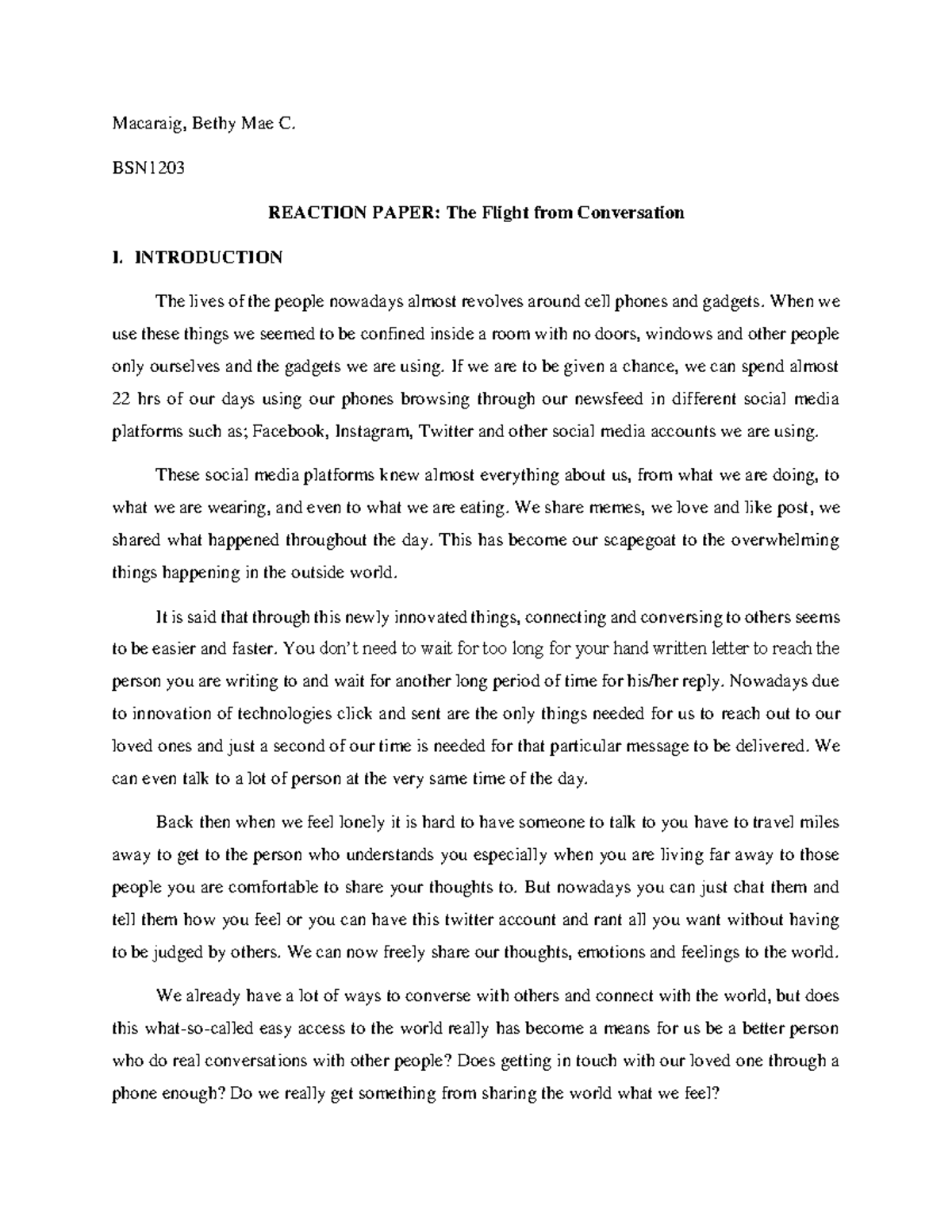 The Flight from Conversation Reaction Paper - Macaraig, Bethy Mae C ...