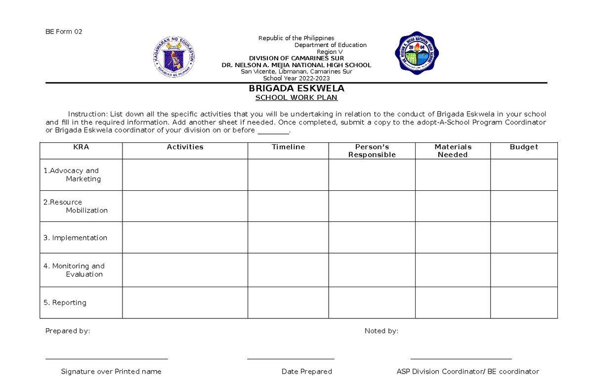 BE Form 2 School WORK PLAN 1 - BE Form 02 Republic of the Philippines ...