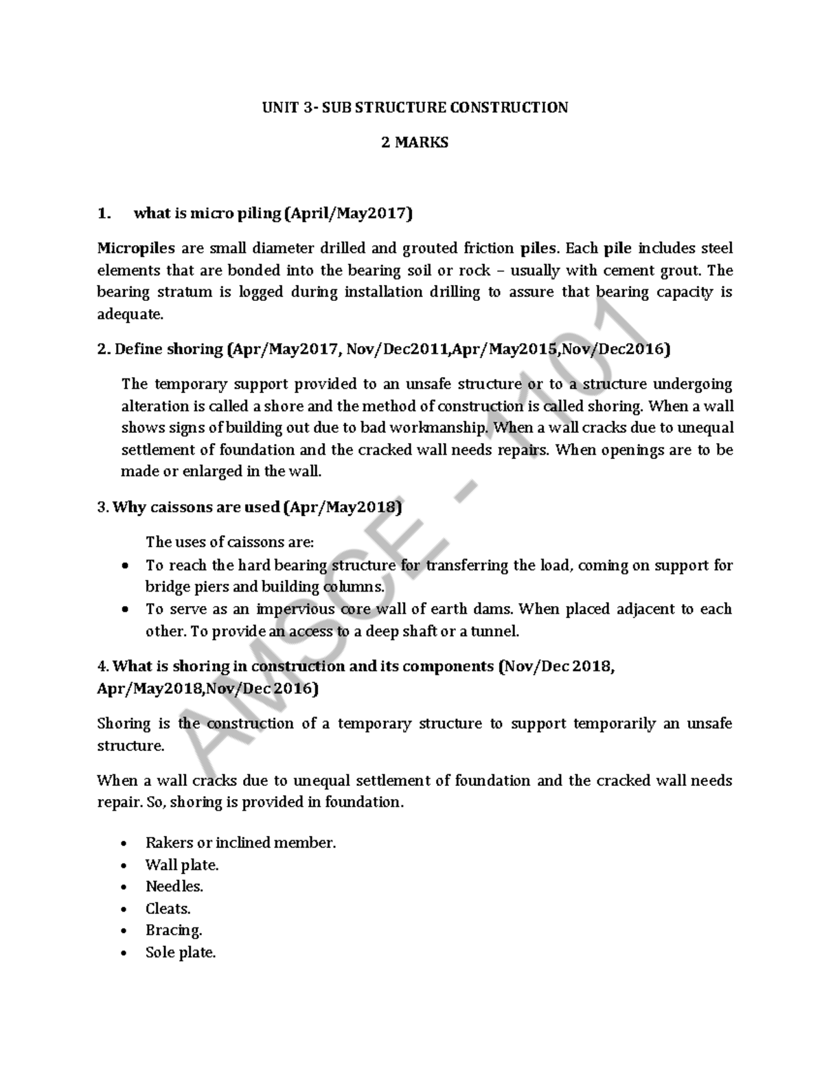 Substructutre unit 3 notes - UNIT 3- SUB STRUCTURE CONSTRUCTION 2 MARKS ...