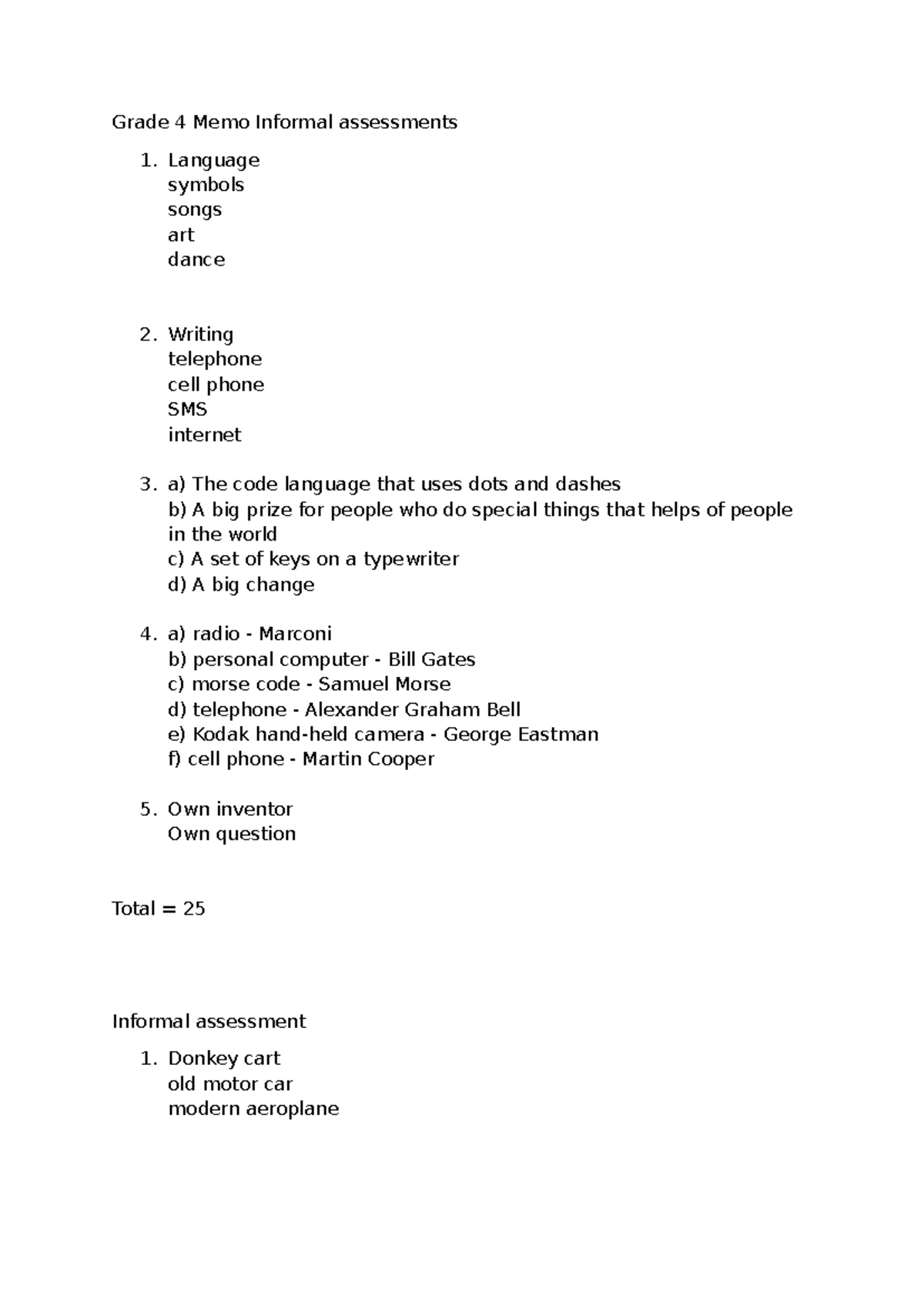 Grade 4 Memo Informal assessments - Grade 4 Memo Informal assessments 1 ...