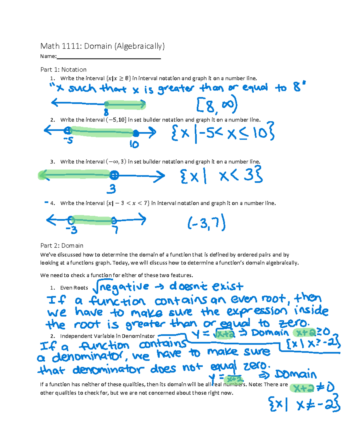 Domain Solutions - notes - Math 1111: Domain (Algebraically) Name: Part ...