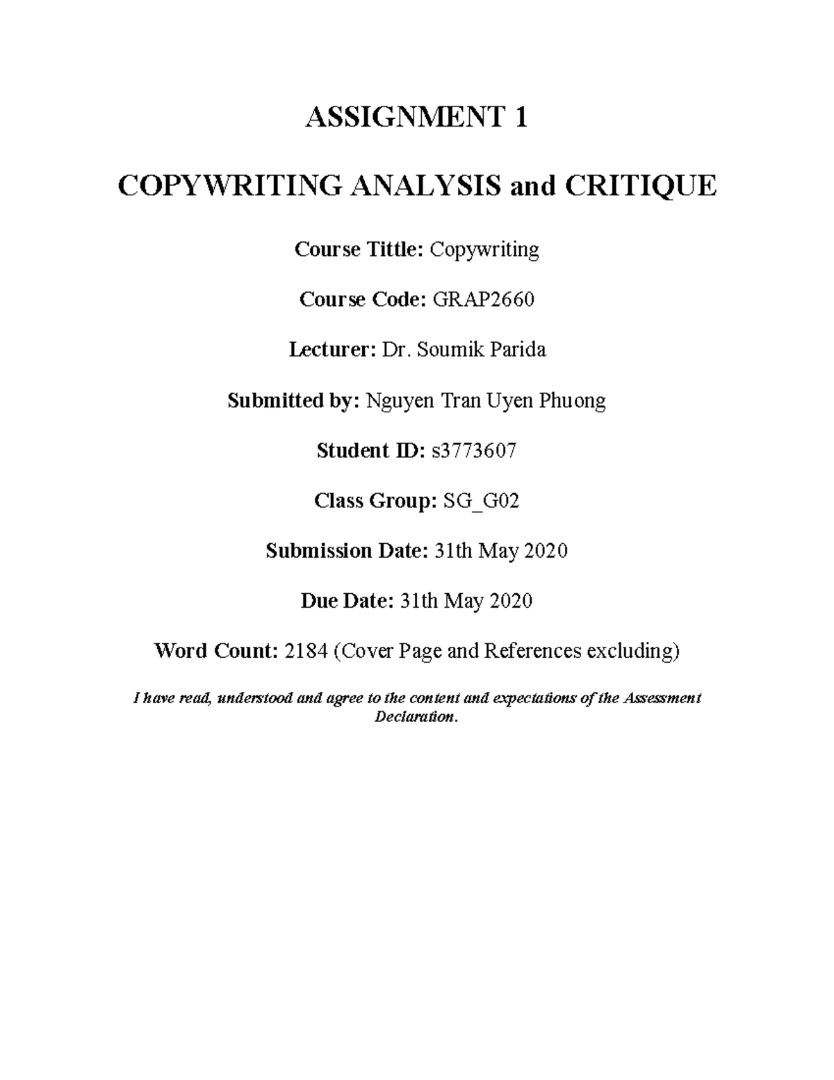 07B6DB2C 2629 4DD1 A6CB D6379CC6EC35 - ASSIGNMENT 1 COPYWRITING ...