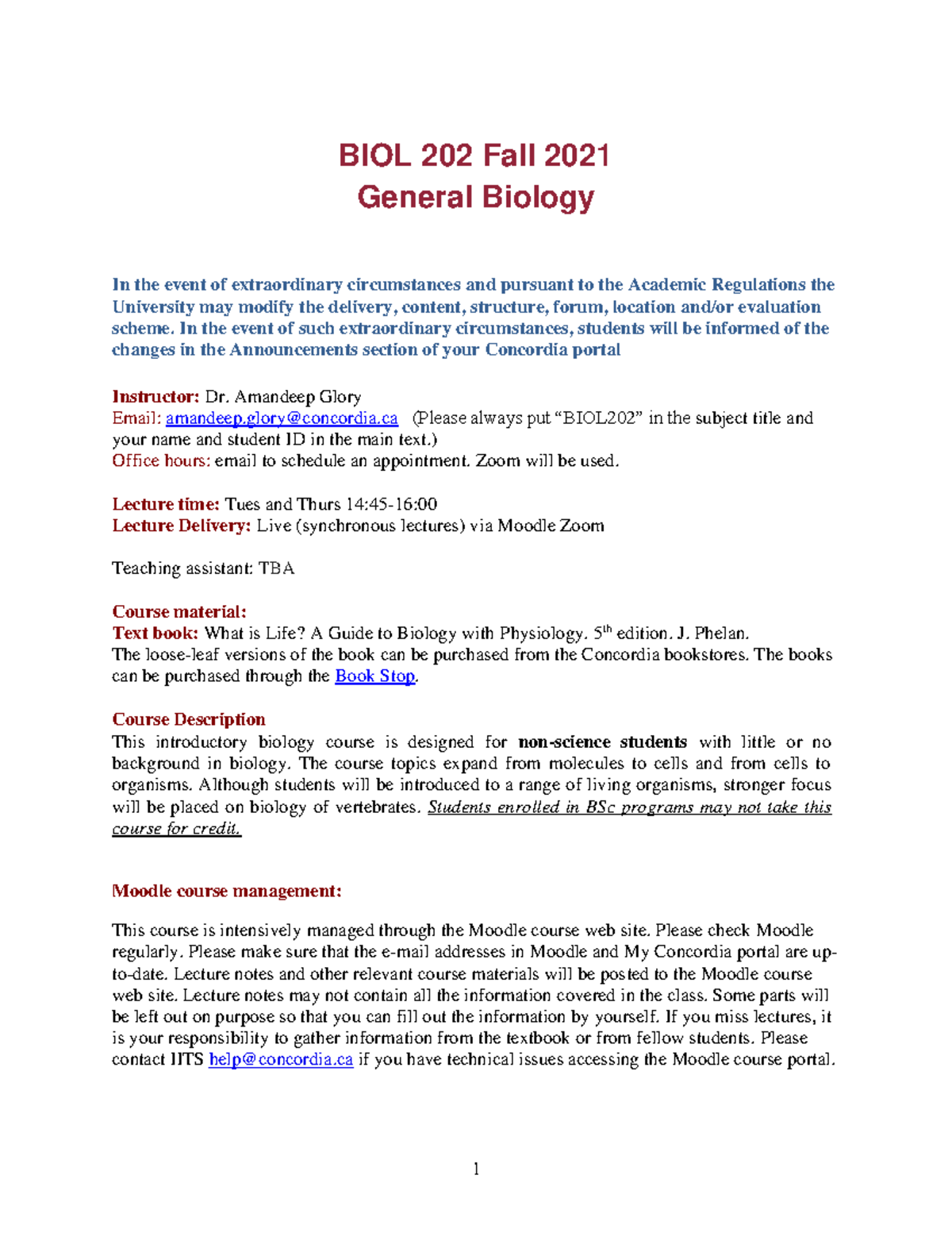 BIOL 202 Course Outline Fall 2021 - BIOL 202 Fall 2021 General Biology ...