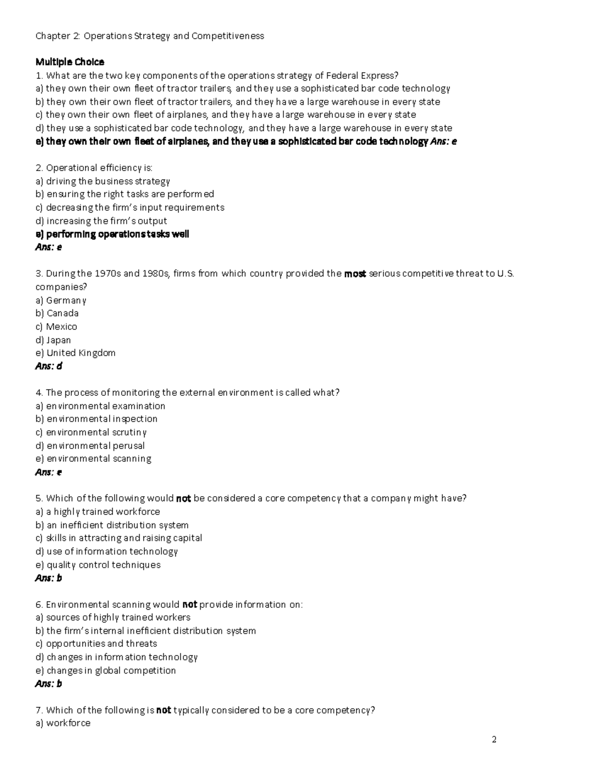 CH 2 Opmgmt - Practice questions - Chapter 2: Operations Strategy and ...