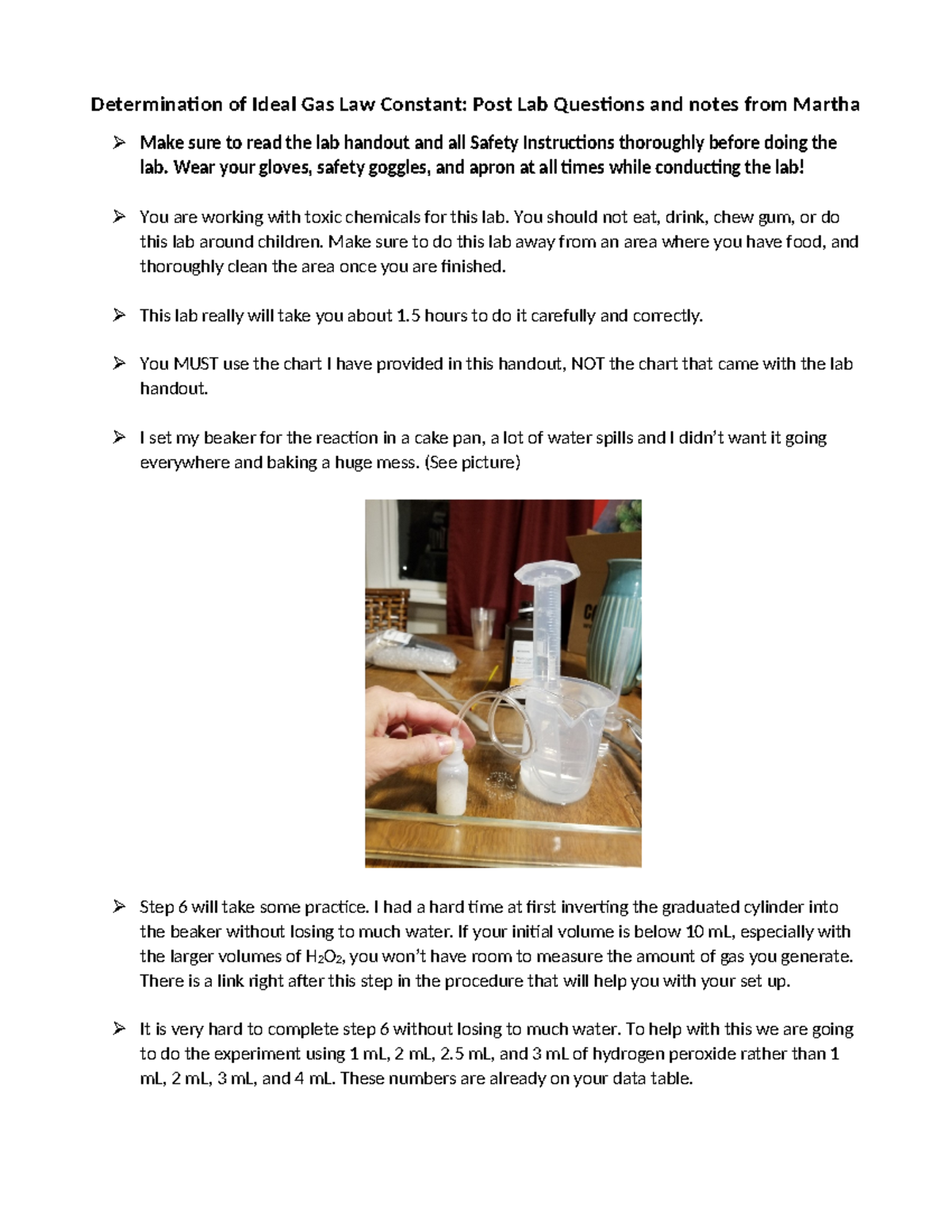 Determination of Ideal Gas Law Constant Data Tables, Post Lab Questions ...