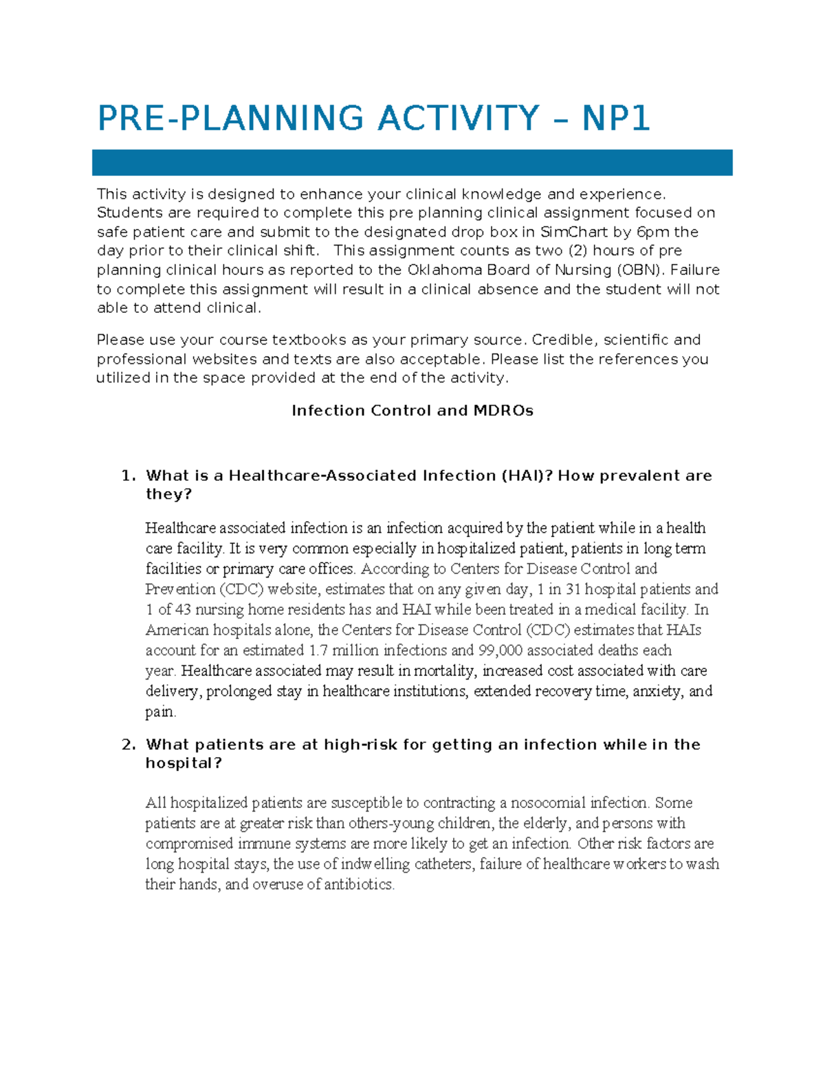 #1 Pre Plan NP1 Infection Control - PRE-PLANNING ACTIVITY – NP This ...