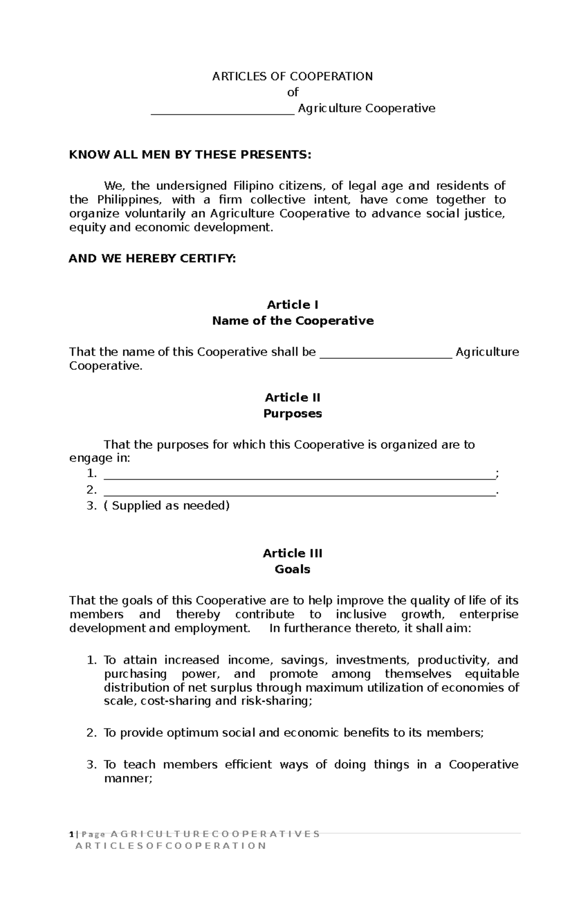 Agriculture Articles OF Cooperation - ARTICLES OF COOPERATION of