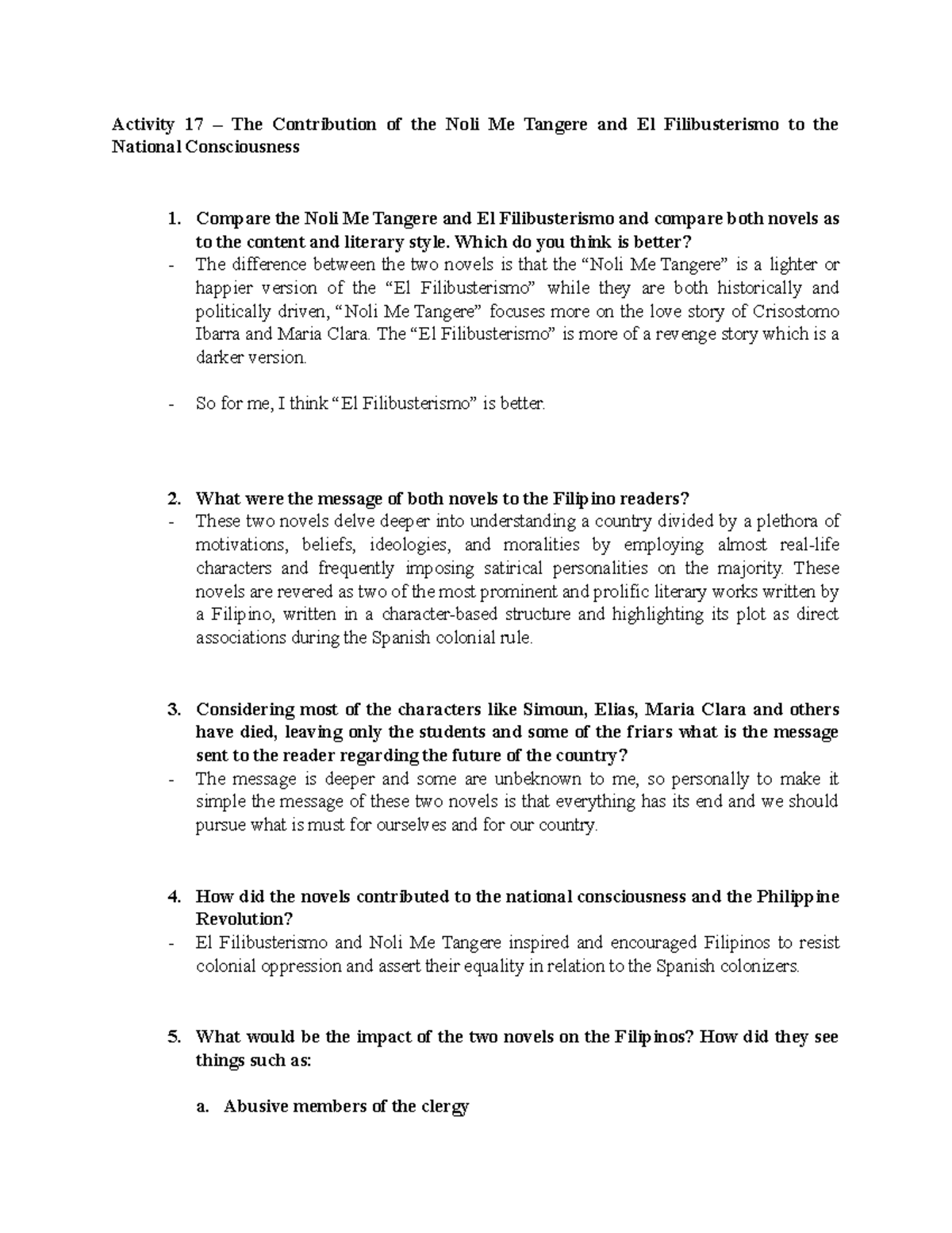 RN17-18 - Rizal-Chapter-17-18 - Activity 17 – The Contribution of the Noli Me Tangere and El ...