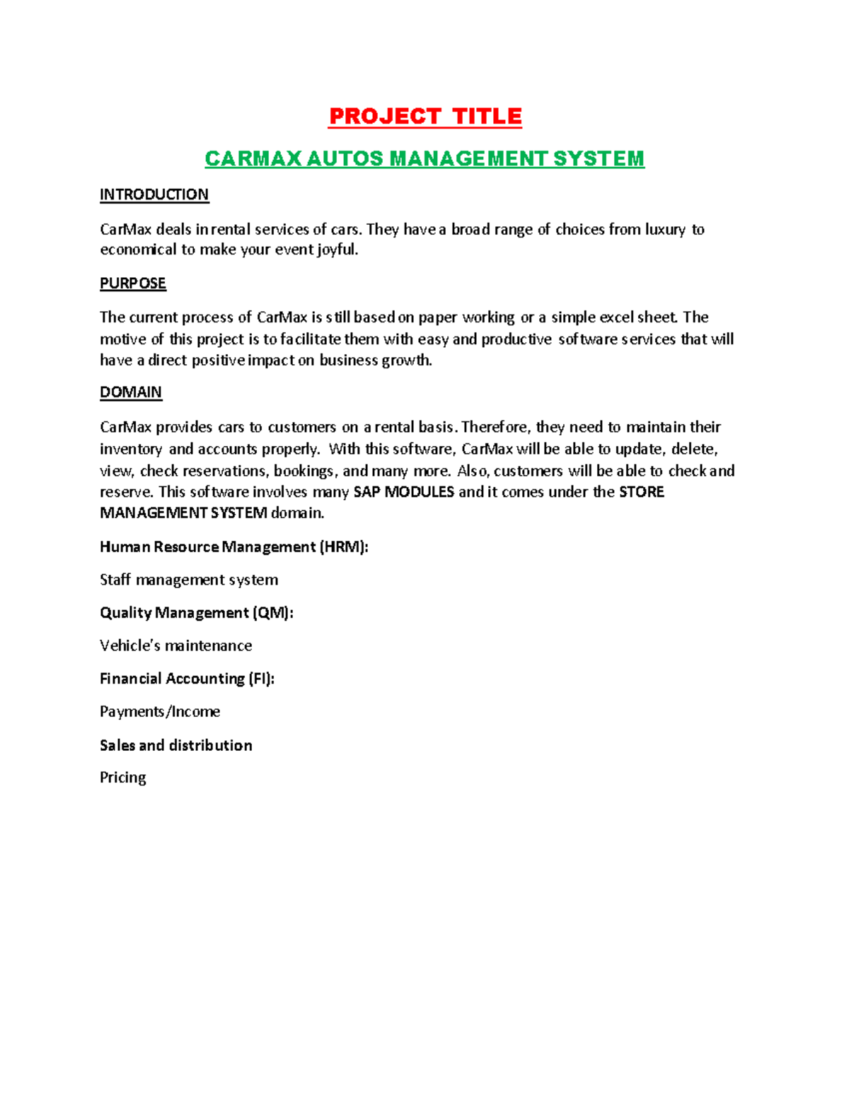 Proposal new AAD - Practical Notes - PROJECT TITLE CARMAX AUTOS ...