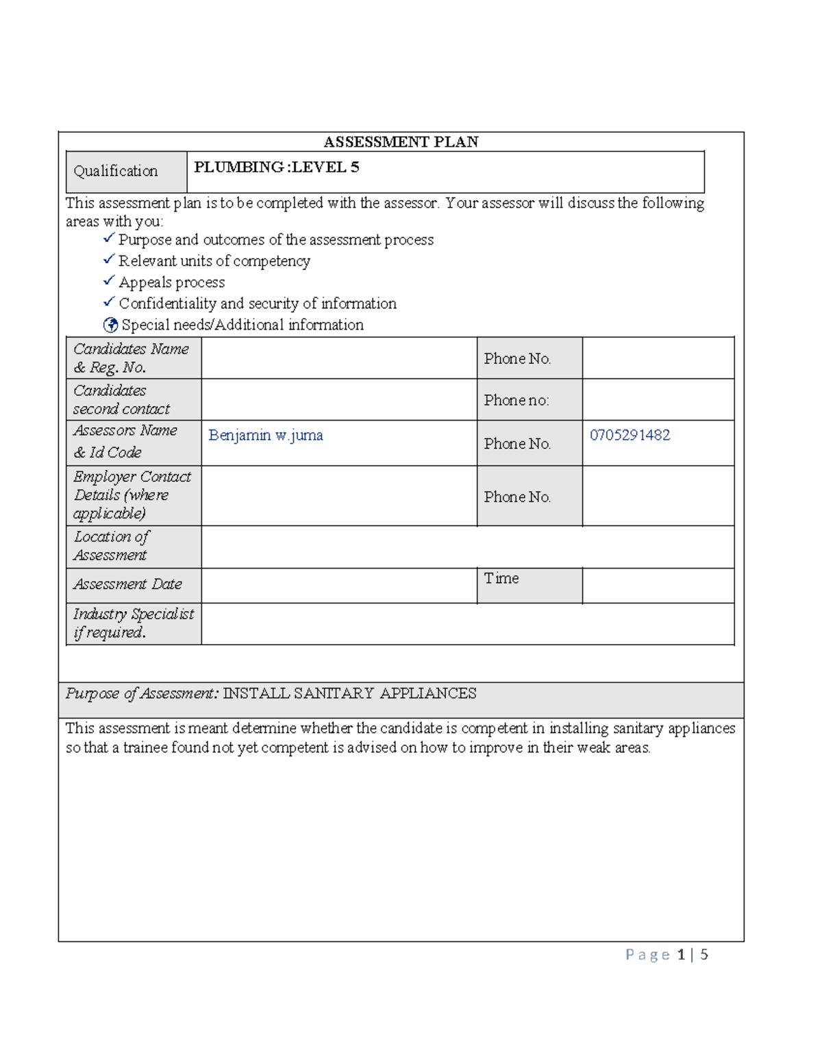 18. Assessment PLAN FOR Sanitary - ASSESSMENT PLAN Qualification ...