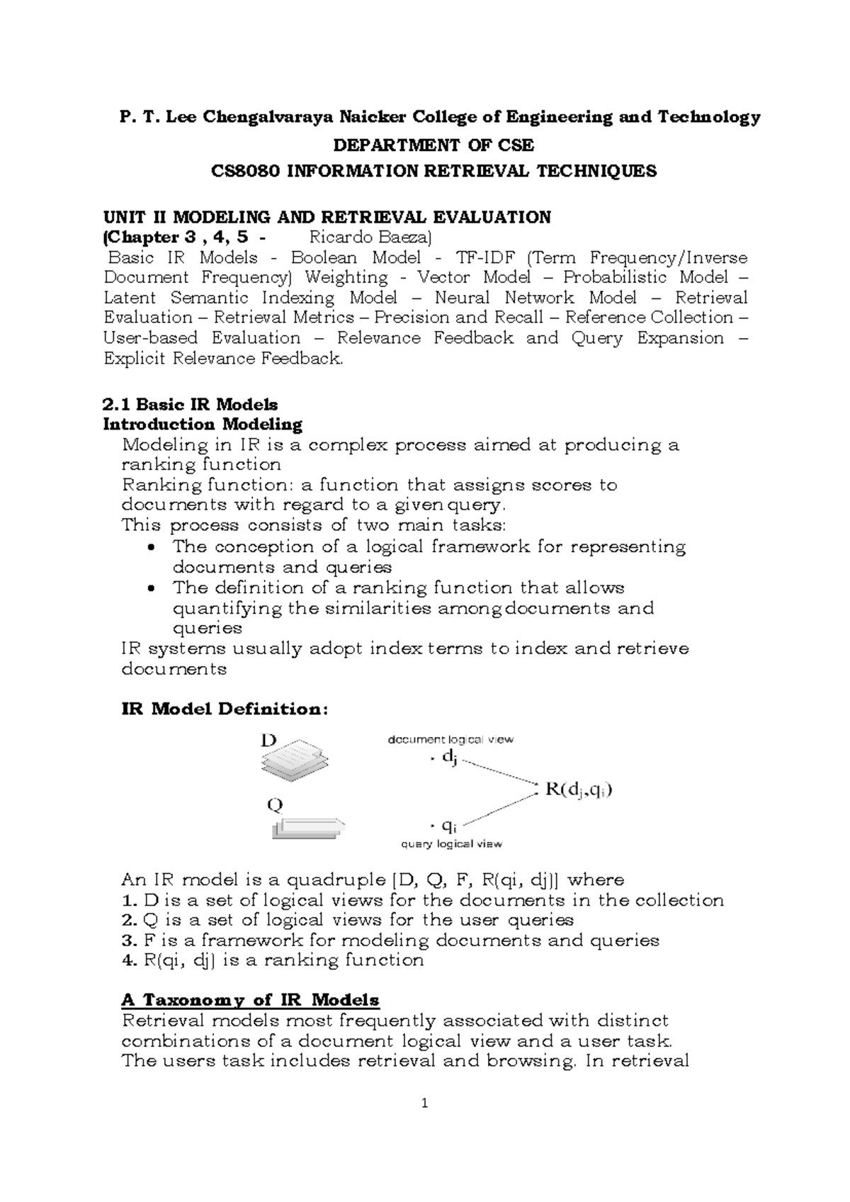 CS8080 IR UNIT2 Modeling AND Retrieval Evaluation - DEPARTMENT OF CSE CS8080 INFORMATION ...