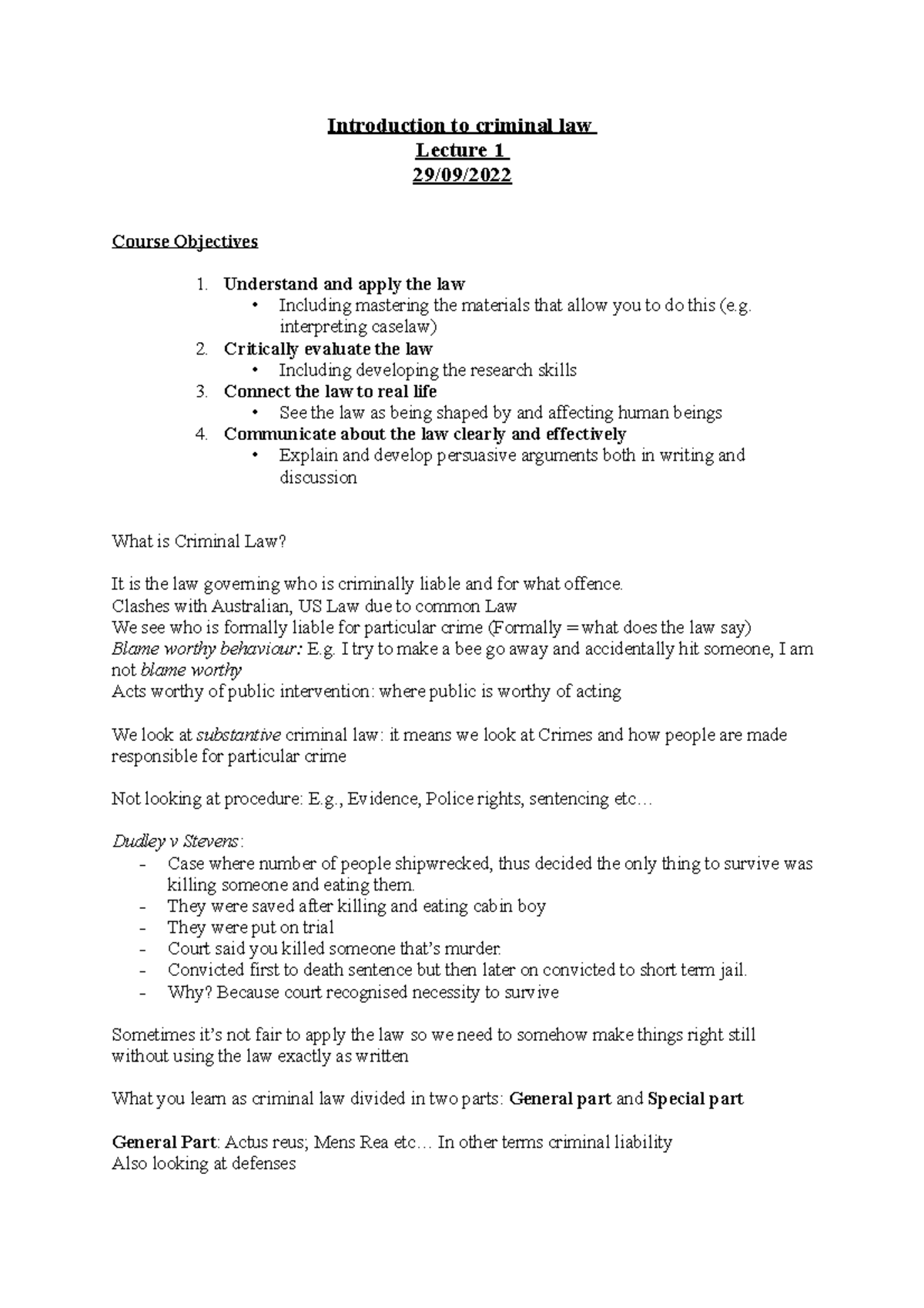 Criminal law lectures - Introduction to criminal law Lecture 1 29/09 ...