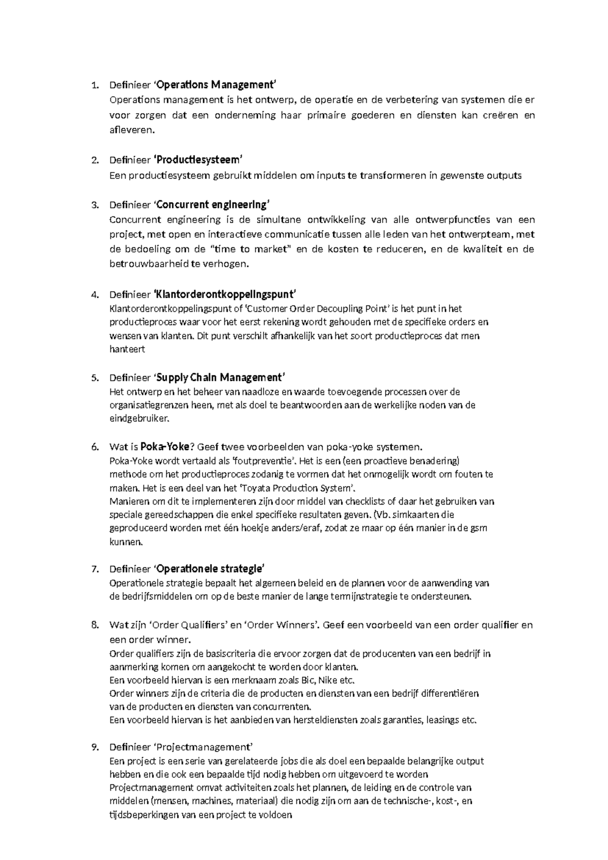 Begrippen operationeel bedrijfsmanagement - 1. Definieer ‘Operations ...