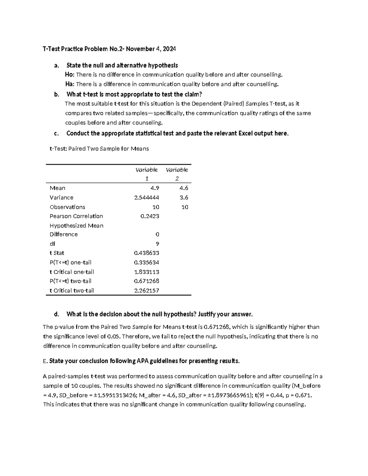 T-Test Practice Problem No.2- November 4, 2024 - State the null and ...