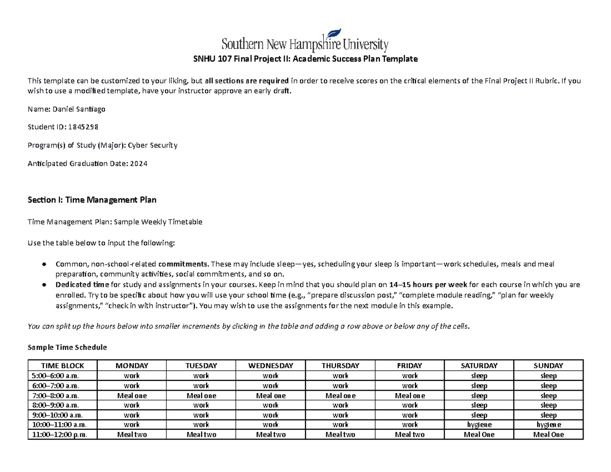 SNHU 107 Final Project II Academic Success Plan Template - If you wish ...