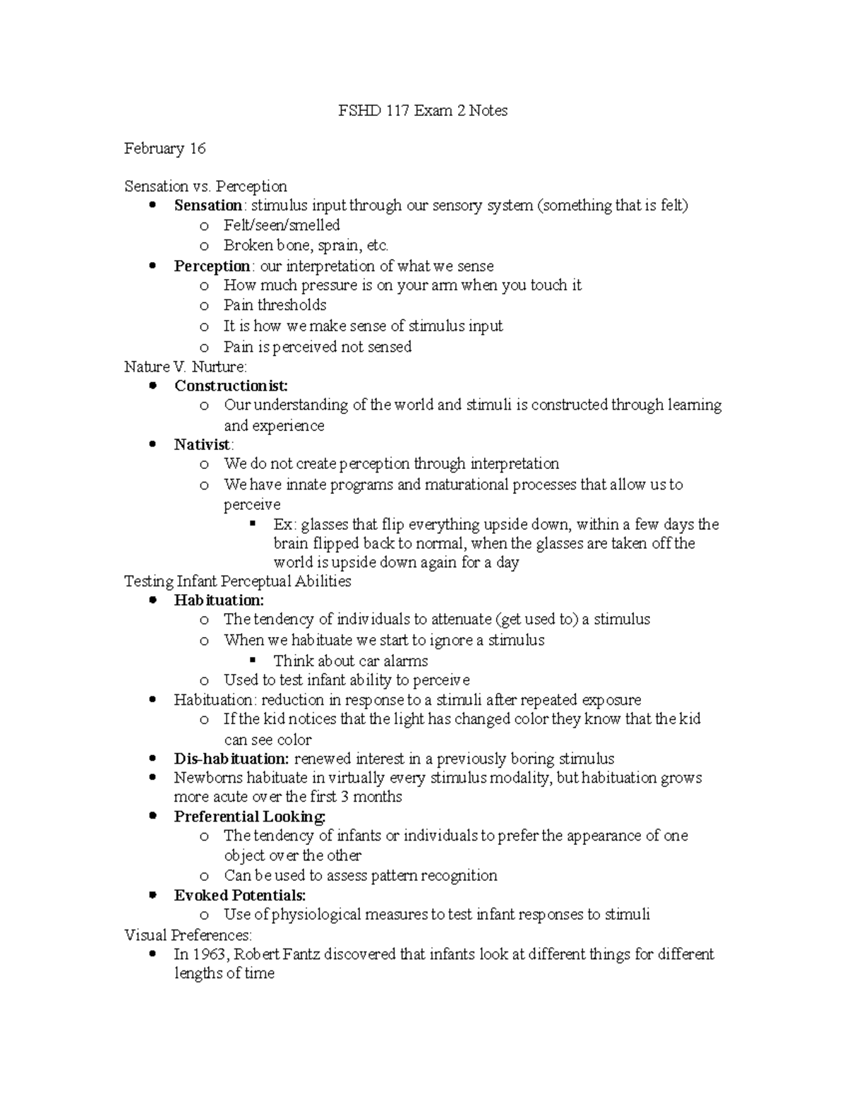 FSHD 117 Exam 2 Notes - FSHD 117 Exam 2 Notes February 16 Sensation vs ...