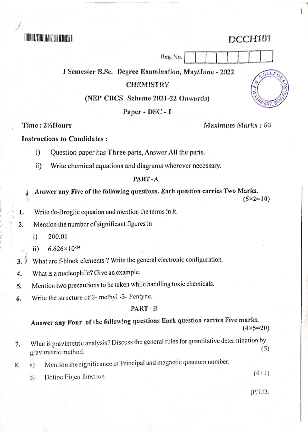 BSC Chemistry 2022 Question Paper - Inorganic Chemistry I - Studocu