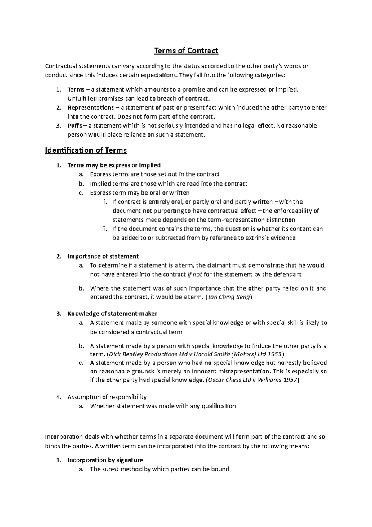 03 Terms of Contract Notes - Terms of Contract Contractual statements ...
