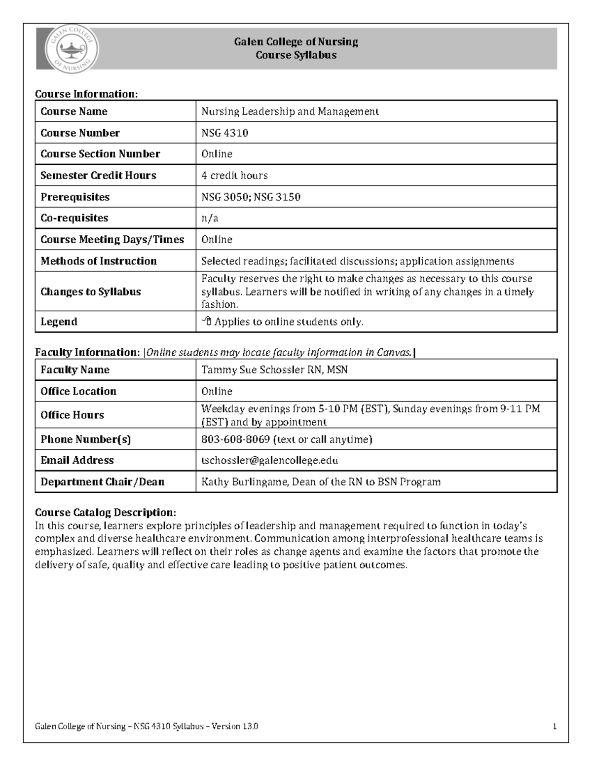 NSG 4310 Syllabus Version 13-0 - Galen College of Nursing Course ...