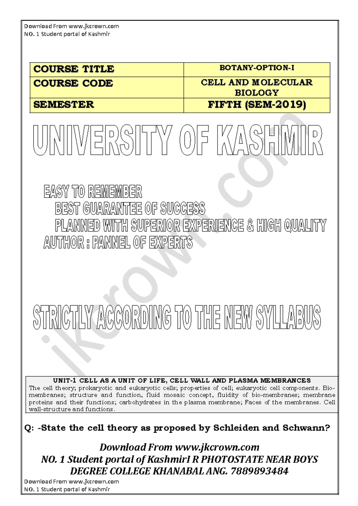 Botony 5TH SEM - NO. 1 Student portal of Kashmir COURSE TITLE COURSE ...