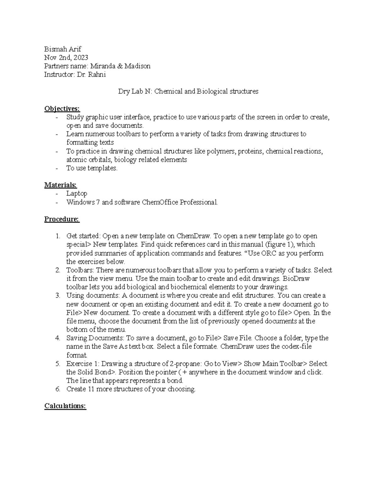 DRY LAB N - Dry lab N - Bismah Arif Nov 2nd, 2023 Partners name ...