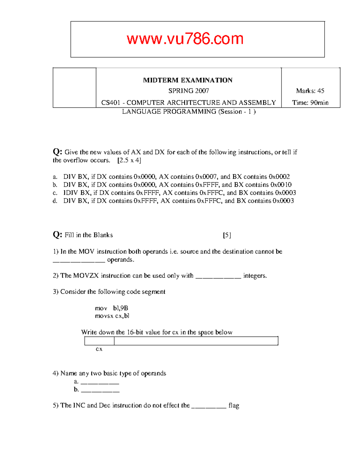 Cs401 Mid Term 3 Vu786 Midterm Examination Spring 2007 Cs401 7216