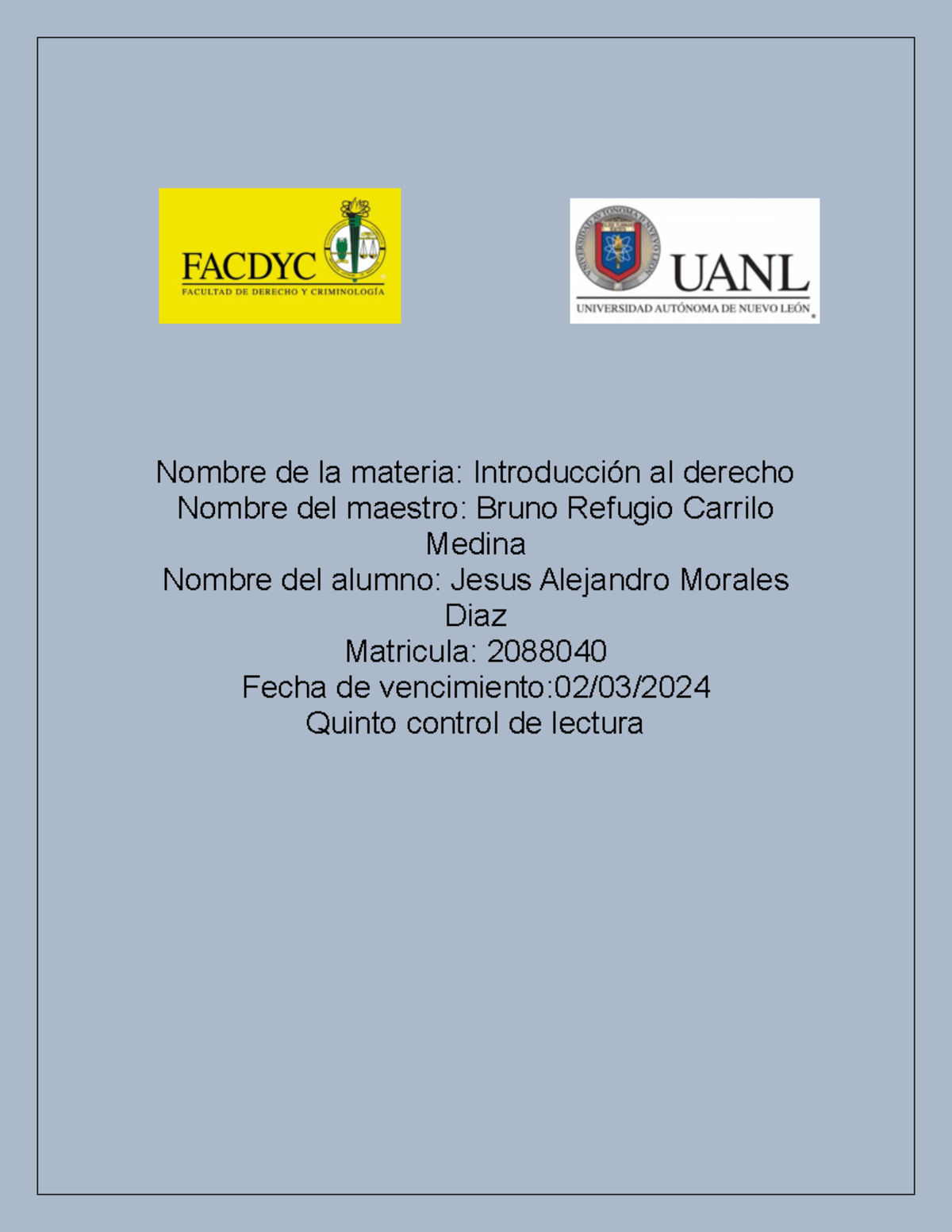 Control de lectura 5 - ededed - Nombre de la materia: Introducción al ...