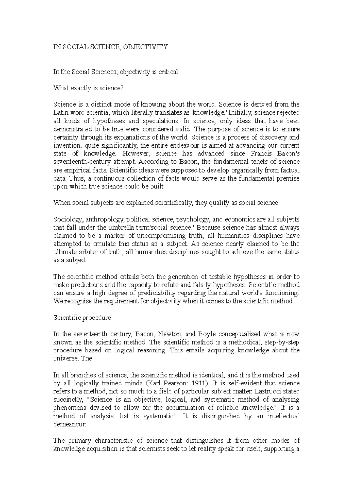 IN Social Science - Lecture notes 9 - IN SOCIAL SCIENCE, OBJECTIVITY In ...