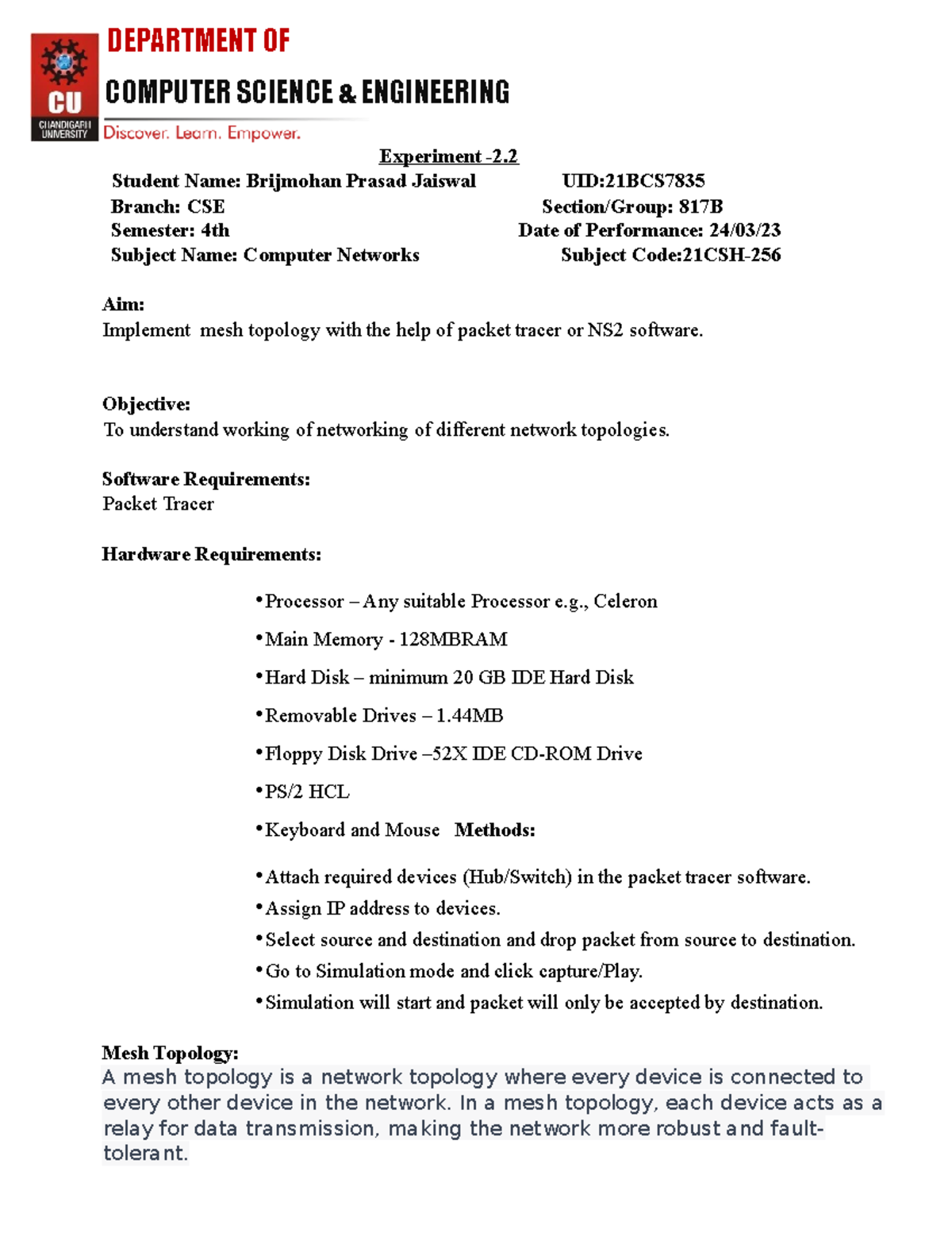 2 - ewgsdb - DEPARTMENT OF COMPUTER SCIENCE & ENGINEERING Experiment -2. Student Name: Brijmohan ...