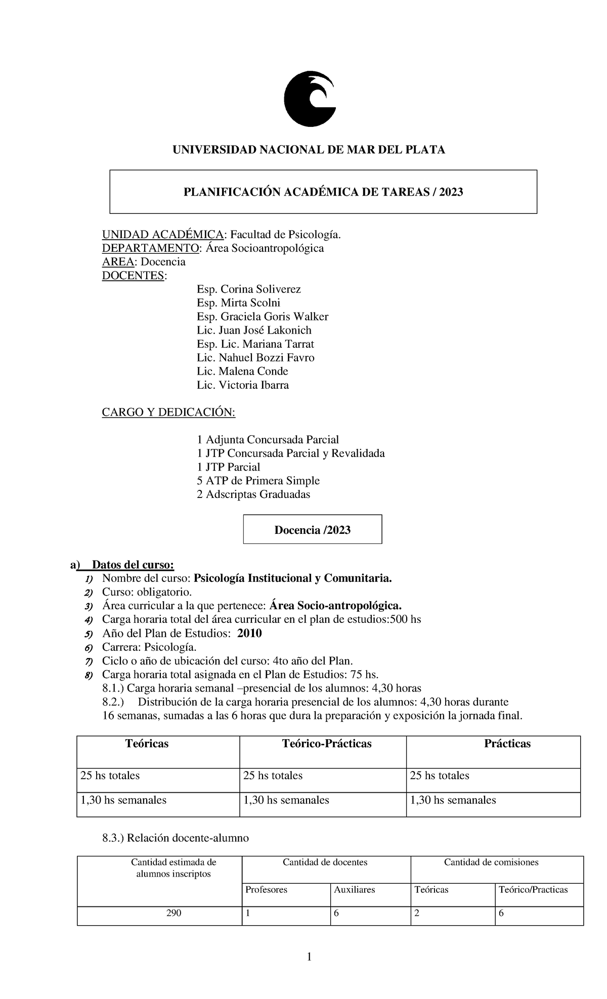 Ptd 2023 - Ptd - UNIVERSIDAD NACIONAL DE MAR DEL PLATA PLANIFICACIÓN ...