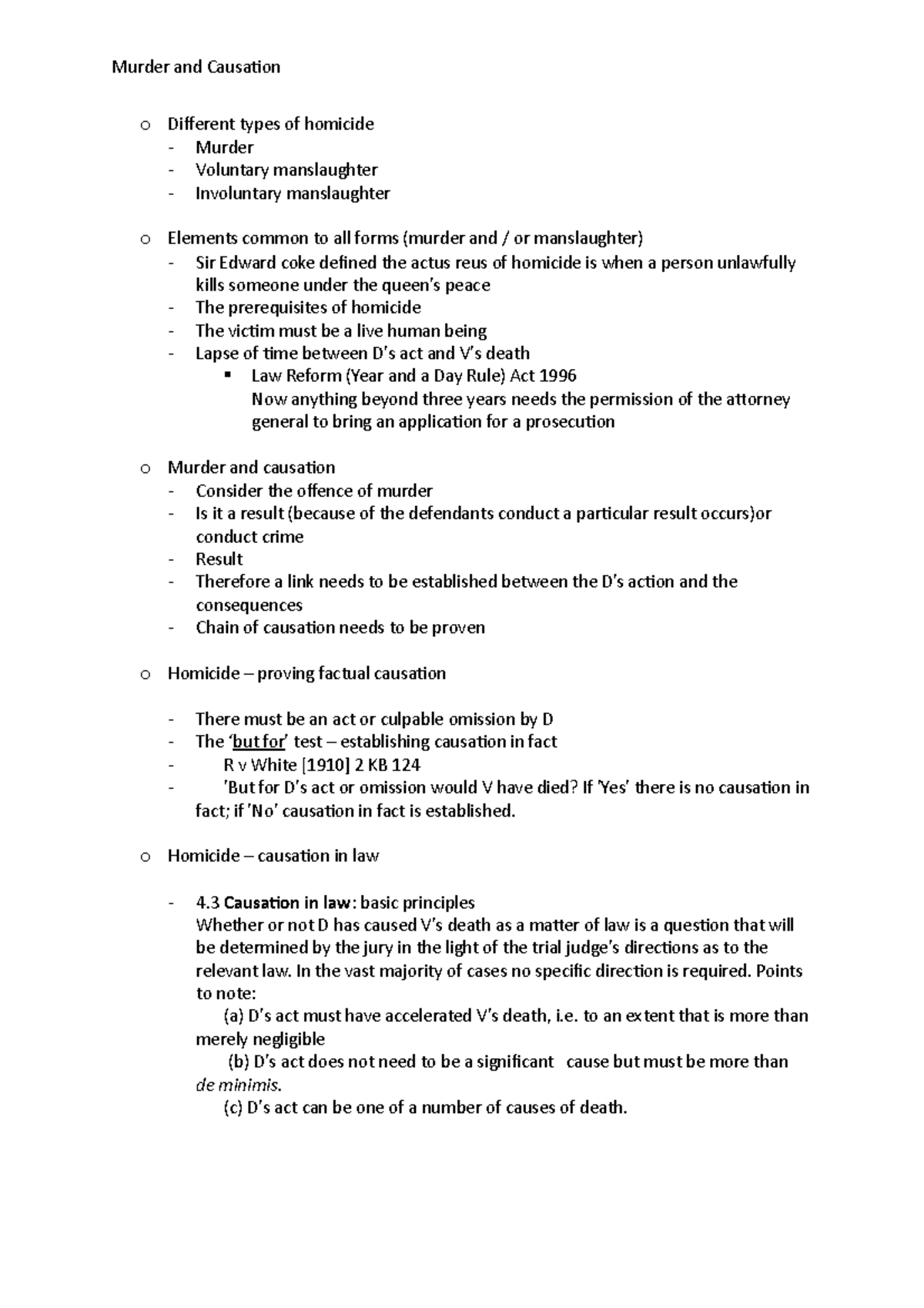 Murder and causation - Lecture notes 3 - o Diferent types of homicide ...