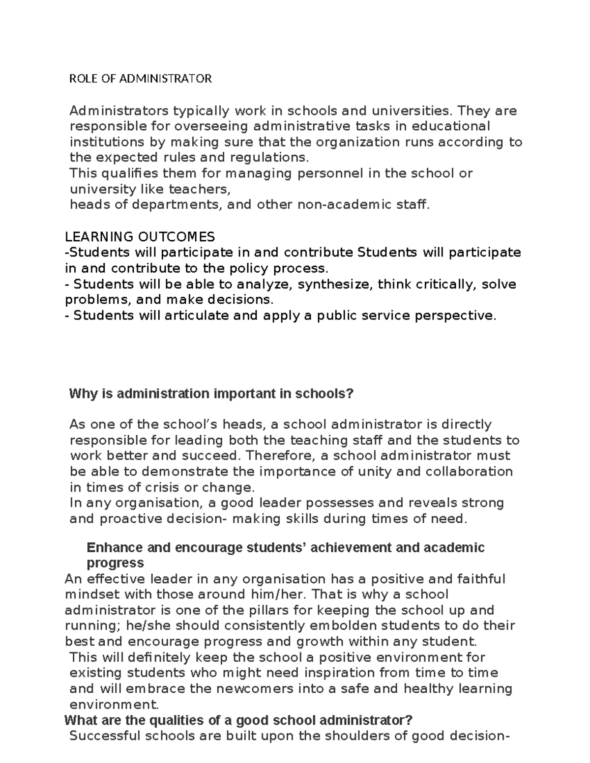 ROLE-OF- Administrator - ROLE OF ADMINISTRATOR Administrators typically ...