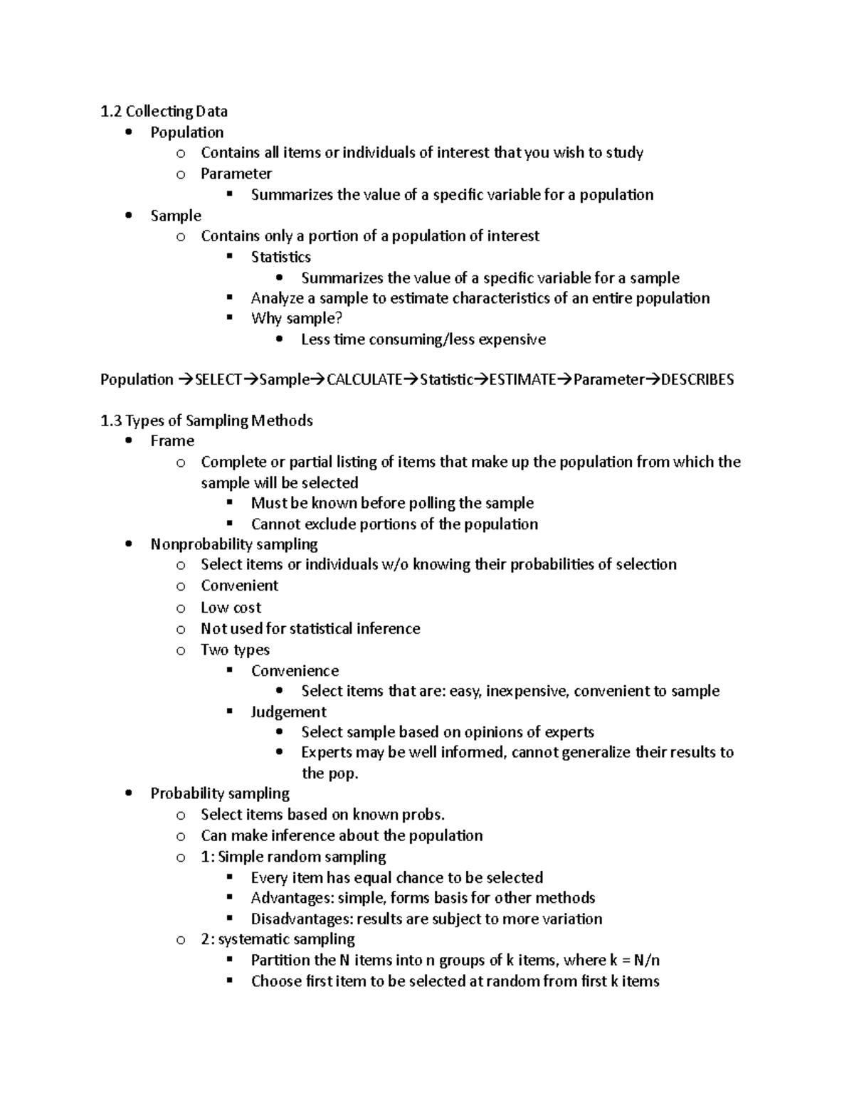 STAT 206 1.2 and 1.3 notes - 1 Collecting Data Population o Contains ...