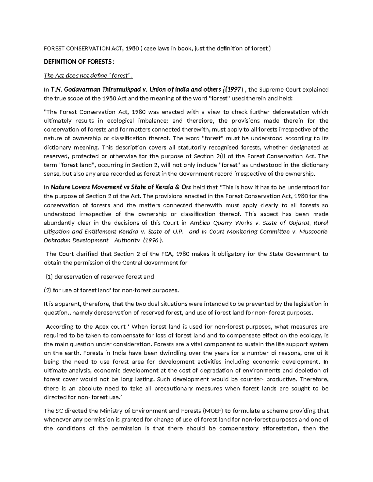 Forest Conservation ACT, 1980 & 2023 - FOREST CONSERVATION ACT, 1980 ( case laws in book, just ...