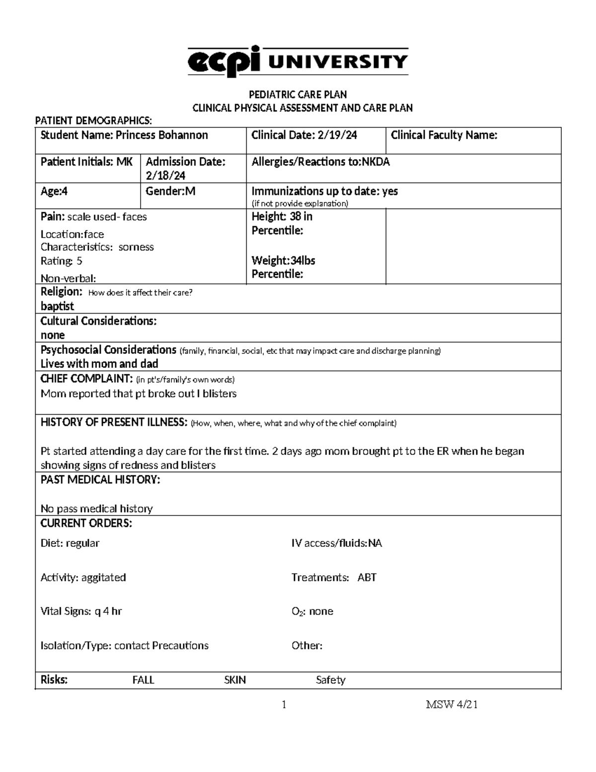Pediatric Careplan 111921-1 - PEDIATRIC CARE PLAN CLINICAL PHYSICAL ...