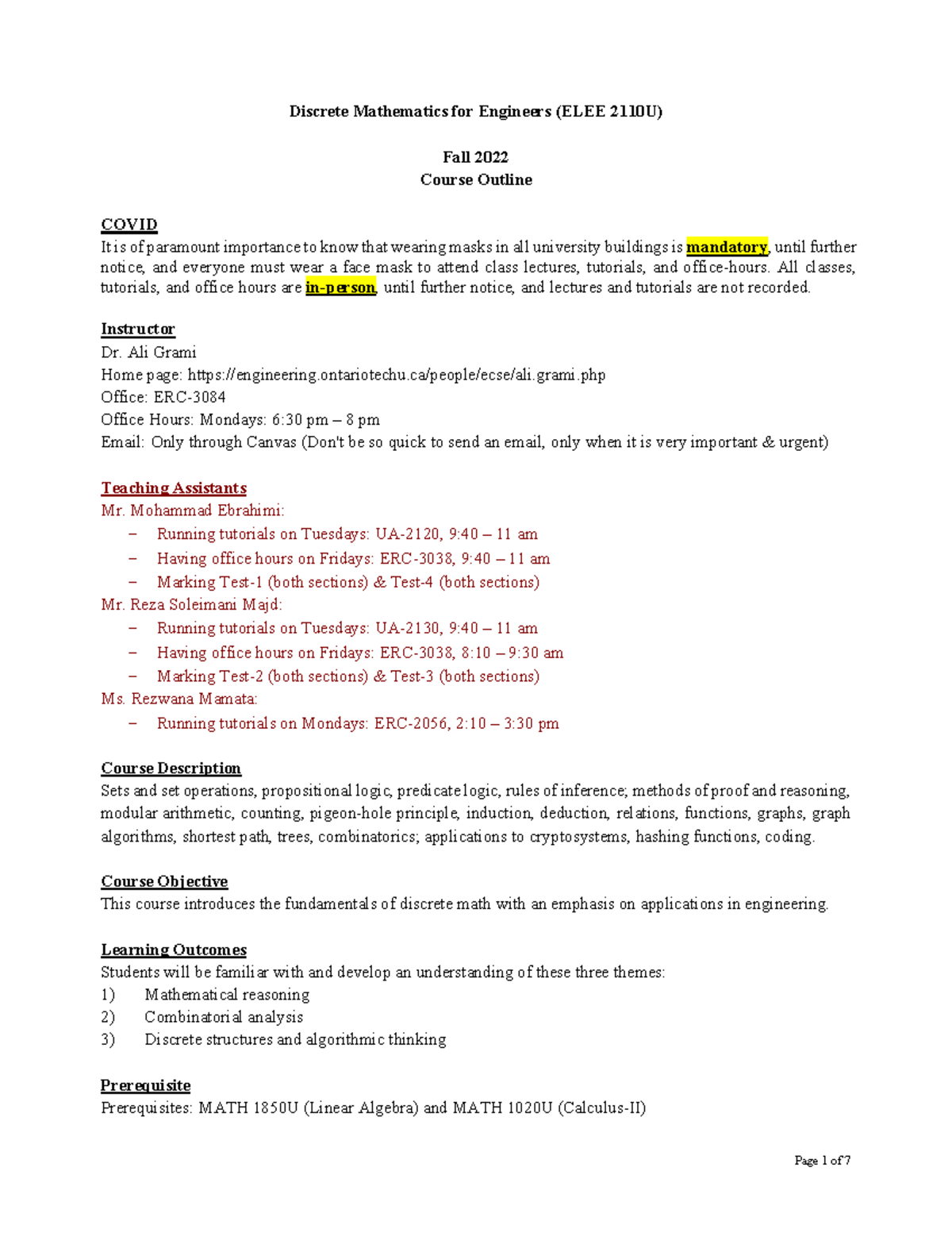 2022 Discrete Math Course Outline - Discrete Mathematics for Engineers (ELEE 2110U) Fall 2022 ...