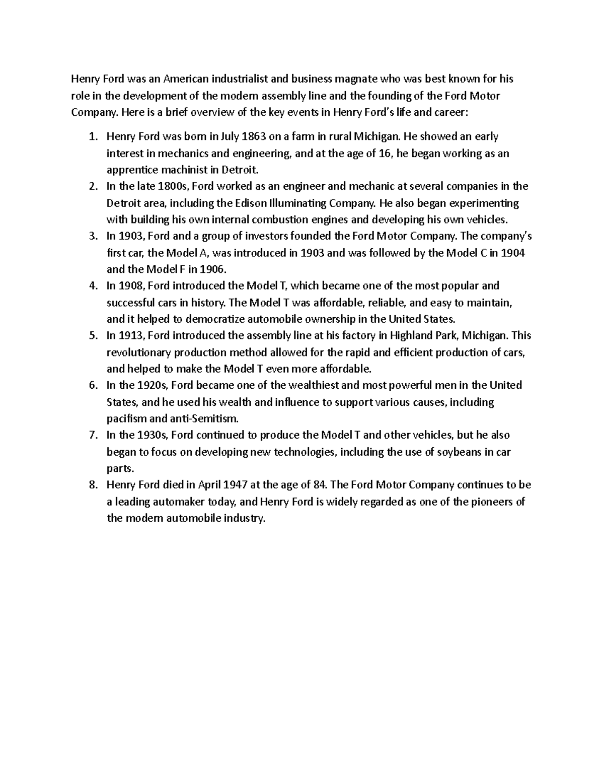 Document 16 - Henry Ford History Notes - Henry Ford was an American ...